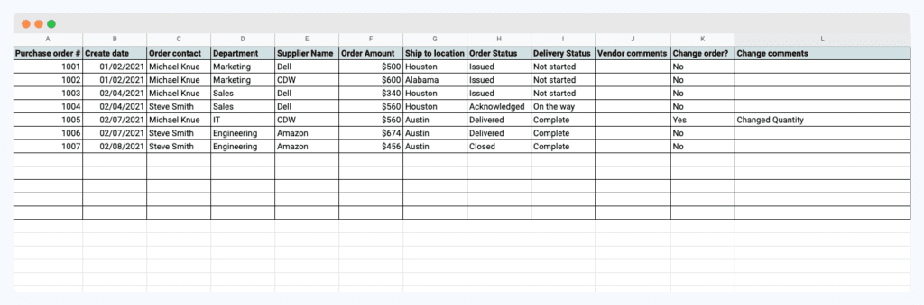 purchase tracker excel template
